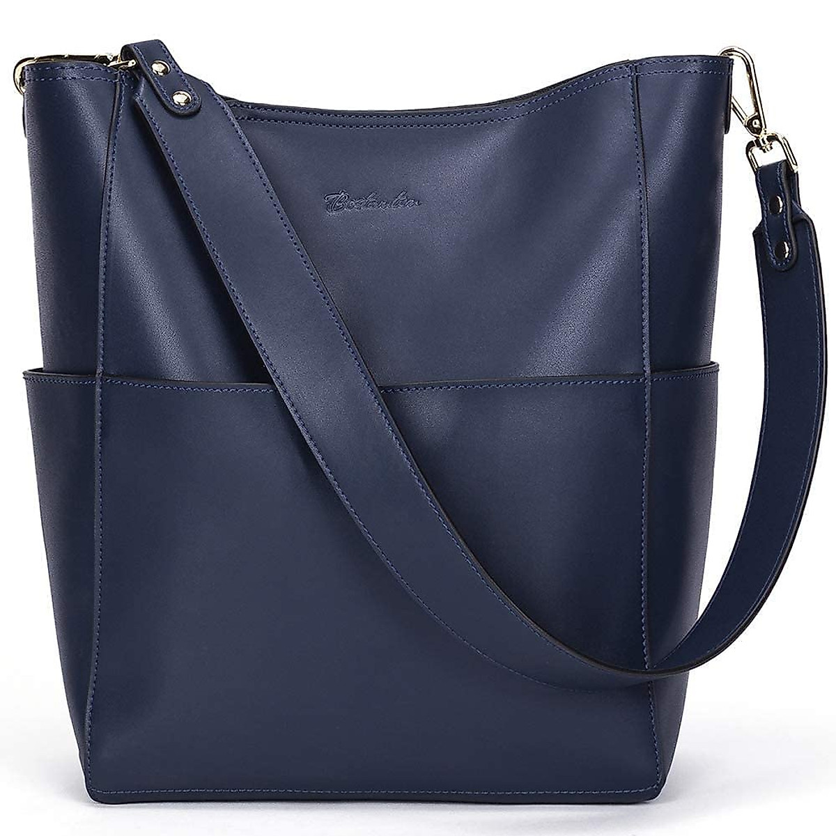 BOSTANTEN Women's Leather Designer Handbags Tote Purses Shoulder Bucket Bag Navy Blue Bundle with Leather Wallets for Women RFID Blocking Zipper Pocket Small Bifold Wallet Card Case