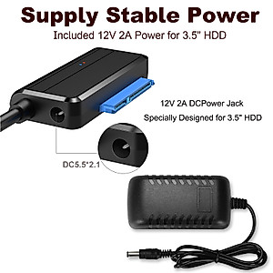 EYOOLD SATA to USB Adapter, High-Speed Data Transfer External Hard Drive Adapter, Data Recovery Converter Compatible with 2.5" and 3.5" SSD, HDDs Includes 12V/2A Power Adapter