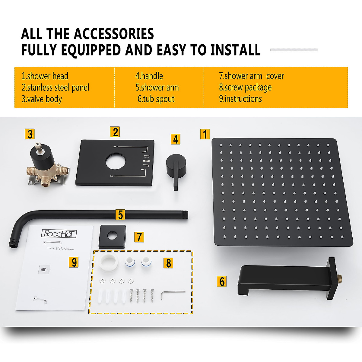 SOOOHOT Shower Fixtures, Black Shower Faucet Set with 12 Inch Matte Black Shower Head and Tub Spout, Black Shower Head and Handle Set (Valve Included)