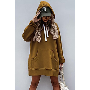 PRETTYGARDEN Women's Casual Pullover Sweatshirt Long Sleeve Split Hem Hoodie Dress with Kangaroo Pocket (Dark Khaki,X-Large)