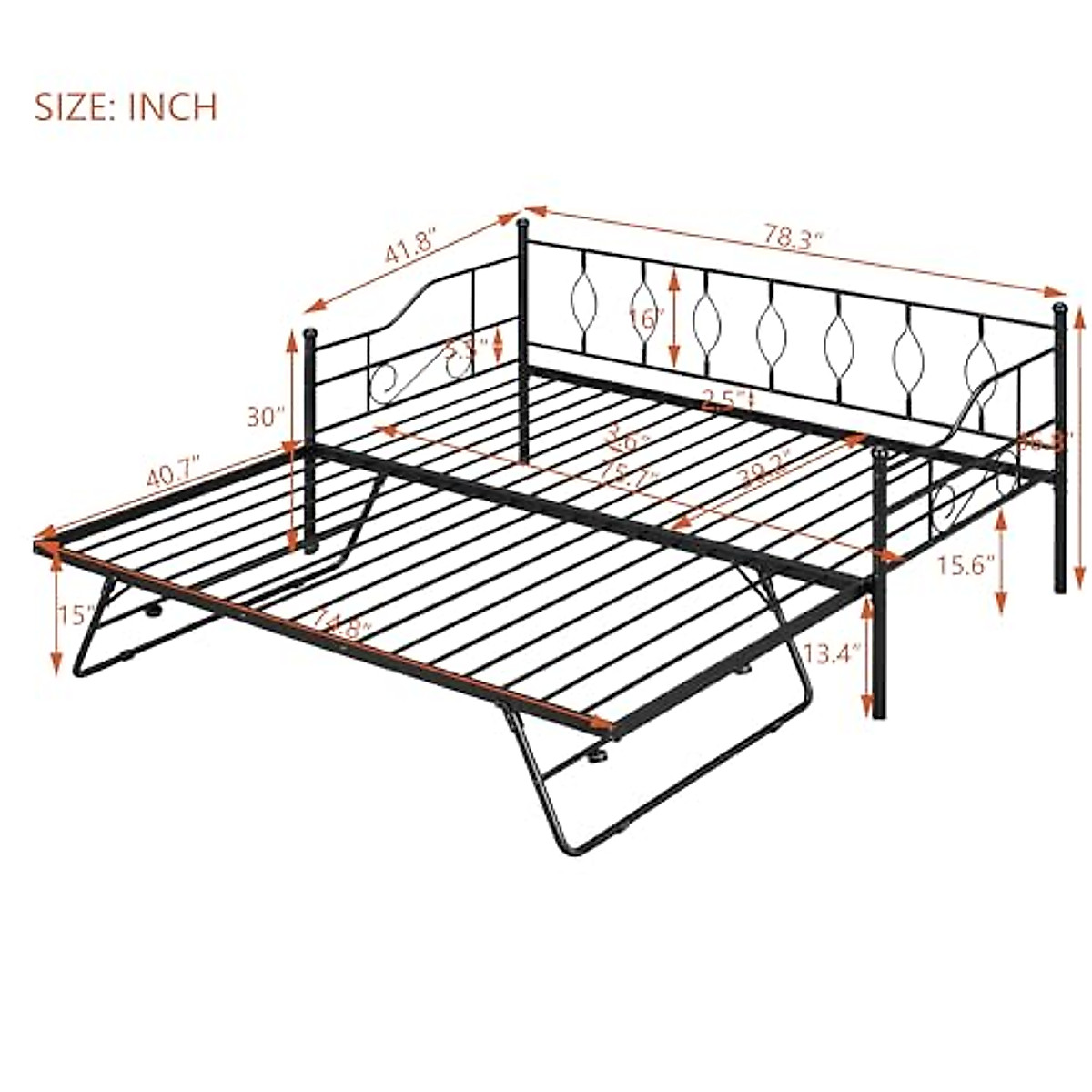 RORIGAT Twin Daybed with Trundle, Metal Day Bed with Adjustable Trundle, Twin to King Daybed with Portable Folding Trundle for Kids Teens Adults, Heavy Duty Steel Slat Support, Black