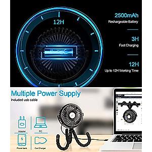 TDONE Stroller Fan Mini Portable Fan USB Personal Fan Long Working Handheld Fan 12pcs LED Camping Fan Batterry Operated Fan Clip on Fan for Stroller Travel (Black)