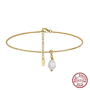 100% 925 sterling silver white freshwater pearl with a ball charm accent on slim and sleek summer beach anklets for women gold plated jewelry, 9-11inches (silver)