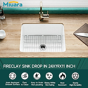 Miuara White Undermount Kitchen Sink 24 Inch - Small Topmount Wet Bar Sink Drop In 24"x19"x11", Dual Mount, Single Bowl, Fireclay Solid, with 2 Custom Accessories, White, for Kitchen & Laundry