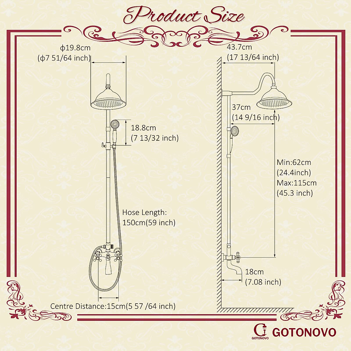 gotonovo Exposed Shower System Set Polish Chrome 8 Rain Shower Faucet 2 Double Knobs Handle Triple Function Tub Spout Luxry Shower Fixture Combo Unit Set 12 Inch Extension Tube Included