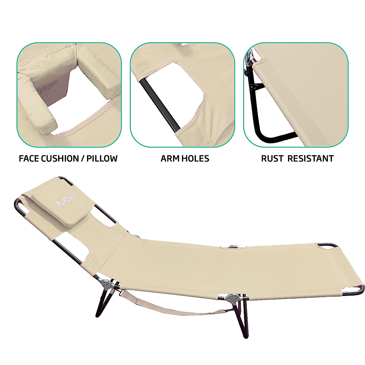 Face Down Tanning Chaise Lounge Chair - Face & Arm Holes - 2 Legs Support - Polyester Material – Backrest Positions - Head Rest Pillow - Beach or Home Use - Read and Tan - Tan Stripes Pattern