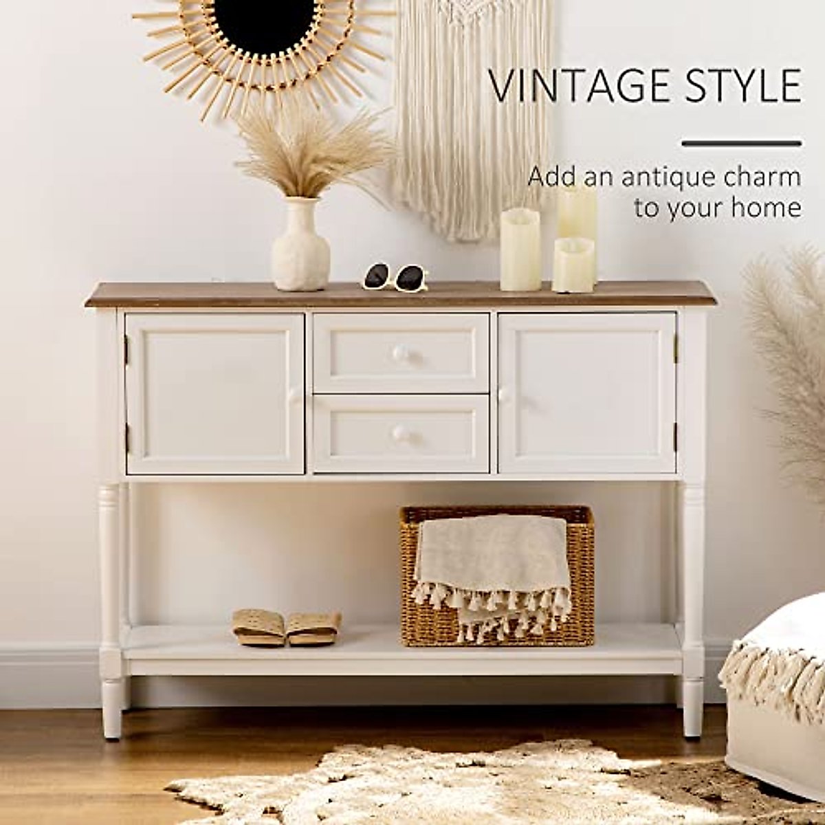 HOMCOM Vintage Console Table with 2 Drawers and Cabinets, Retro Sofa Table for Entryway, Living Room and Bedroom, White