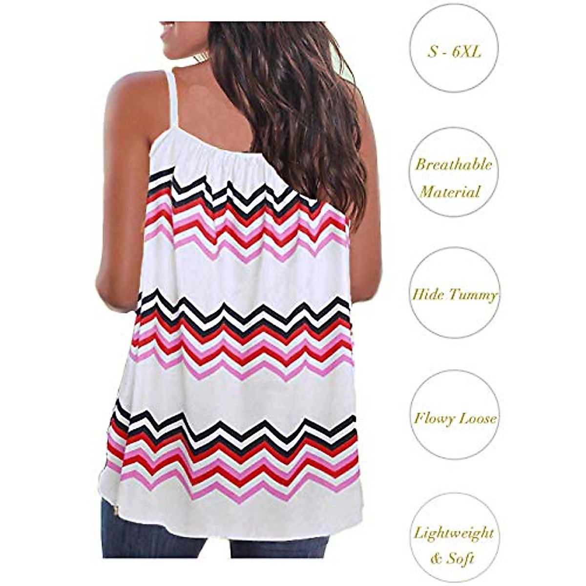 Kaei&Shi Print Long Vest,Flowy Tank Top for Women,Pleated Dressy Loose Cami,Swing Spaghetti Strap Camisole 2X 2XL Plus Size Zigzag White XX-Large