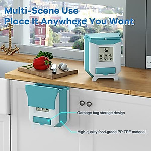 HI NINGER Small Trash Can with Lid, 2.4 Gallon Capacity, Blue/White Color, Plastic Material, Hanging Design, Ideal for Kitchen, Bathroom, RV, Camping