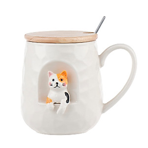 Mug Coffee Ceramic Cup Novel 3D Cat Pattern with Lid and Matching Spoon Cartoon Handmade Mug for Tea Milk Chocolate Juice Suitable for People Who Love Cats Small Animals (Cat side)