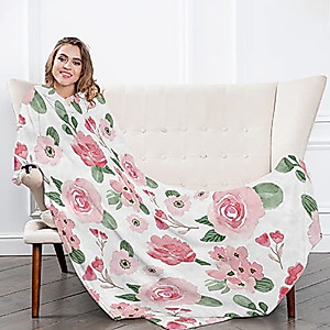 Floral Throw Blanket, Pink Rose Floral Throw Blanket, Soft Cozy Flannel Flower Blankets, Fluffy Fuzzy Rosebuds Wildflowers Print Blankets for Girls Women Gifts Home Sofa Couch Bed Decor, 50x60 Inch