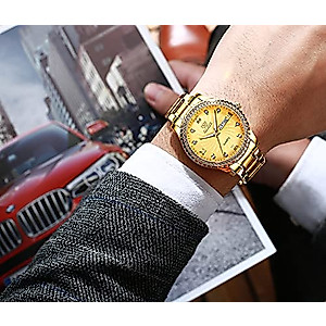 OLEVS Gold Watches for Men Diamond Luxury Wrist Watch Valentines Gifts Set Waterproof Stainless Steel Big Face Luminous Classic Casual Dress Day Date Calendar Analog Quartz Watch for Young Male