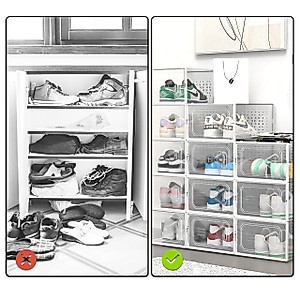 Ancofoo X-Large Shoe Storage Organizer Boxes, Clear Shoe Boxes Stackable Shoe Organizer for Closet, Shoe Containers Bins with Lids, Space Saving for Entryway, White, 12 Pack, Fit Size 11
