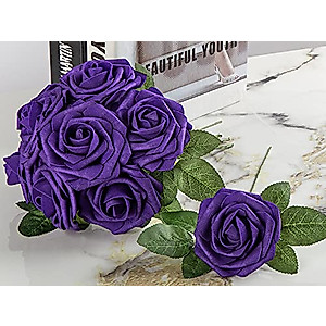 Lansdowns Artificial Flower Foam Rose 25pcs Real Looking Fake Rose with Stems Leaves for Home Decoration Party Garden Centerpieces DIY Wedding Bouquets（Purple）