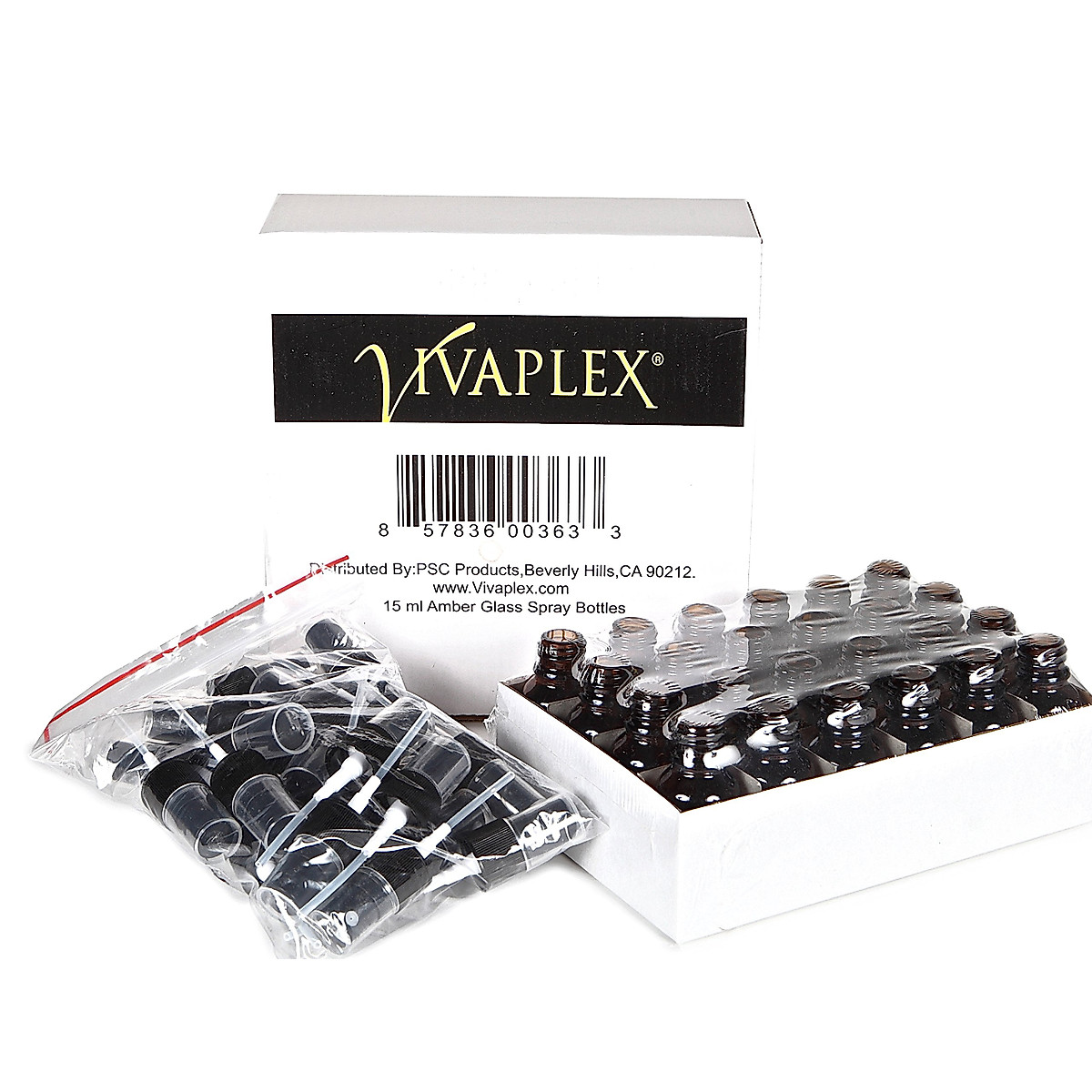 Vivaplex, 24, Amber, 15 ml (1/2 oz) Glass Bottles, with Black Fine Mist Sprayer's