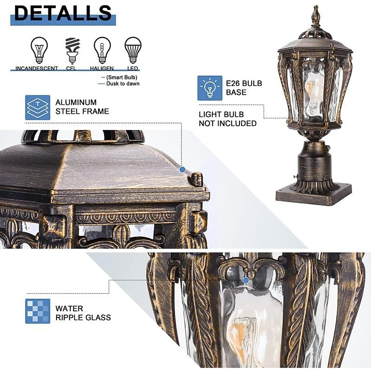 Outdoor Lamp Post Light Fixture with Pier Mount Base,Modern Post Lantern Light Dusk to Dawn Pole Lights Outdoor for Patio,Garden,Backyard,Pathway,Water Ripple Glass,7"W x 17.7"H Waterpoof NO BULB