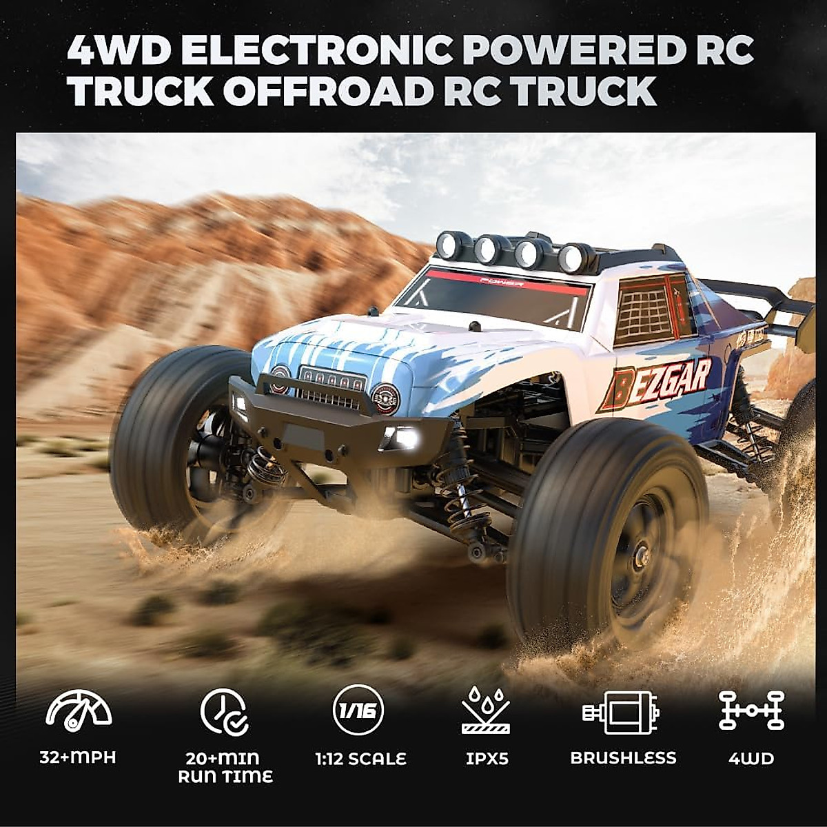 BEZGAR HM124 Brushless RC Car - 1:12 Scale 52+KM/H High Speed RC Truck, 4x4 Offroad Waterproof for All Terrains, Hobby Grade Remote Control Truck for Adults and Kids Boys with Rechargeable Battery