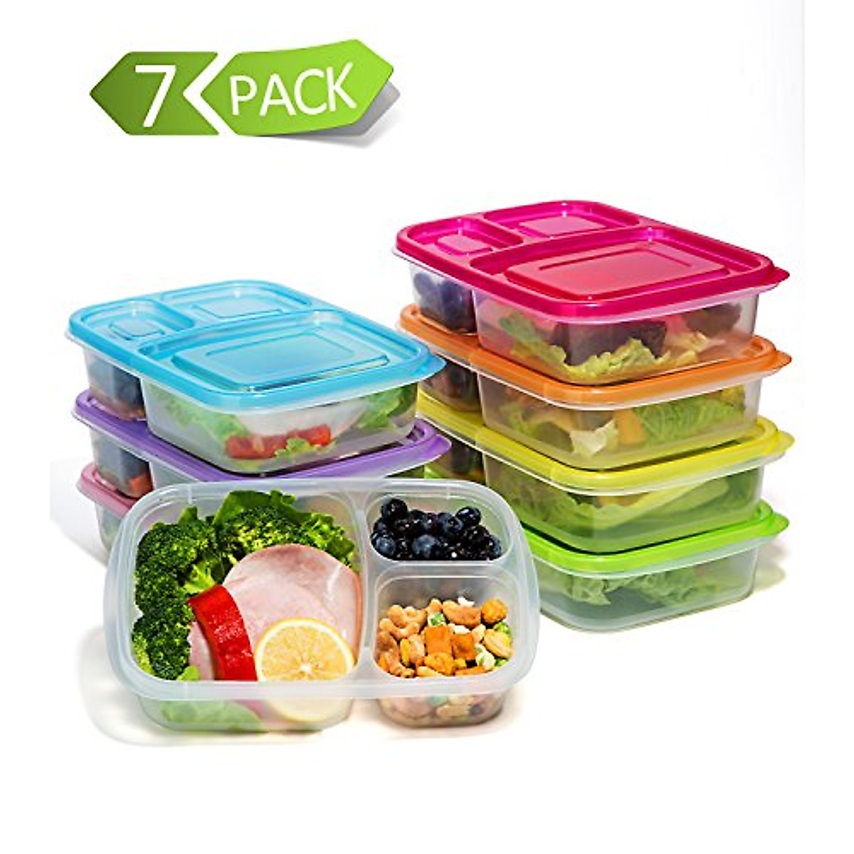 Meal Prep Containers 7-16 Pack Bento Lunch Boxes - 3 Compartment Food Storage Container with Lids (Colorful, 7-3)