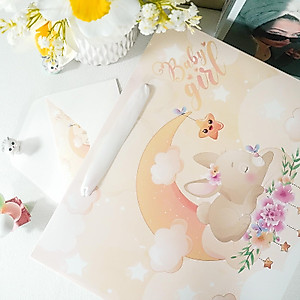 Baby Girl Gift Bag Set with Card and Tissue Papers, 12.6" Paper Bag with Handles for Baby Shower, Baby Girl Birthday, Newborn Party, New Parents