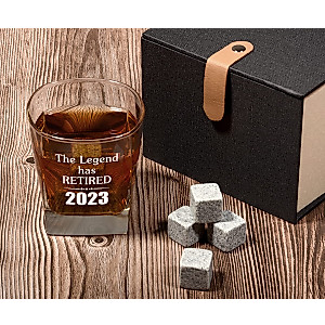2023 Retirement Gifts for Men, Funny 2023 The Legend Has Retired Whiskey Glass and Stone Gift Set, Happy Retirement Gifts for Office Coworkers, Boss, Husband, Dad, Brother, Friends 12OZ