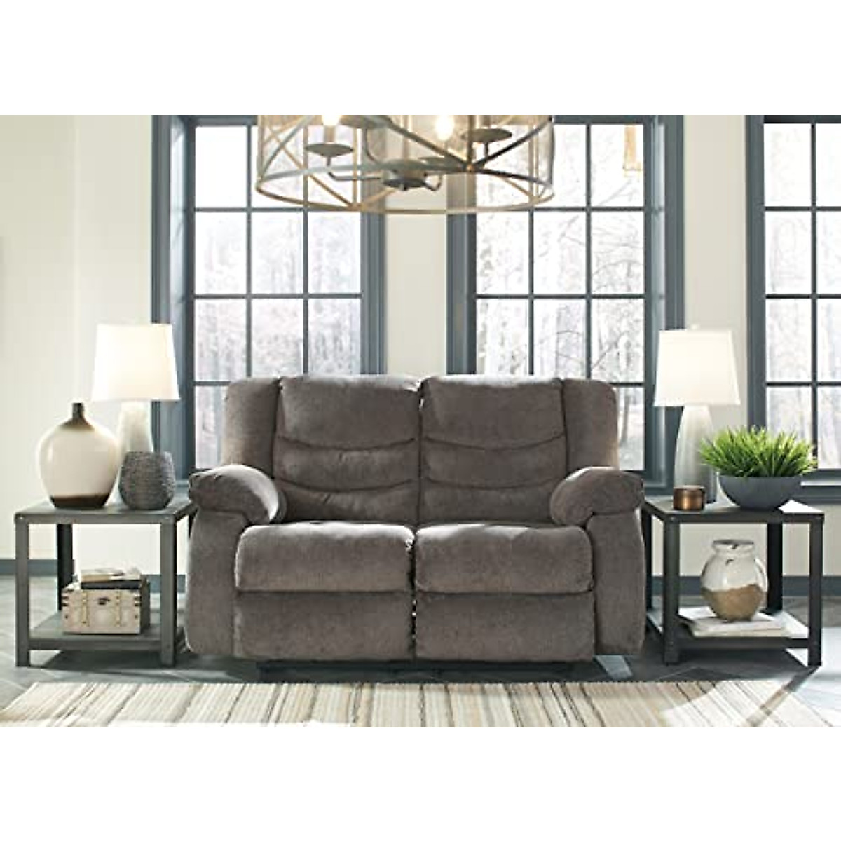 Signature Design by Ashley Tulen Modern Manual Pull Tab Reclining Loveseat, Dark Gray