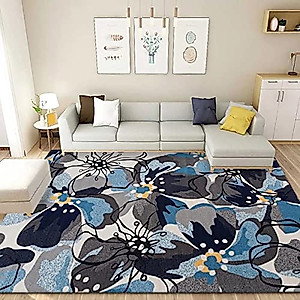 Modern Bright Floral Area Rugs for Living Dinning Room Multicolor Artistic Flowers Print Floor Mats Machine Washable Durable Carpet Throw Rug,3'x5',Blue