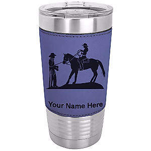 LaserGram 20oz Vacuum Insulated Tumbler Mug, Cowgirl Roping a Man, Personalized Engraving Included (Faux Leather, Dark Purple)