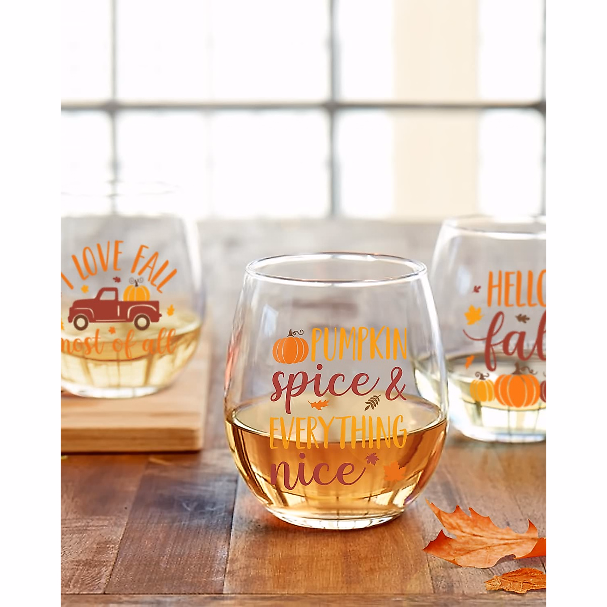 Nefelibata Fall Wine Glass Fall Cups Hello Fall Fall Leaves Pumpkin Spice Stemless Wine Glass Tumbler for Table Decor Wedding Birthday Thanksgiving Gift Ideas 12oz Set of 4