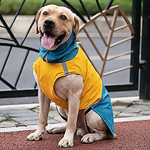 ROZKITCH Dog Jacket Waterproof Dog Raincoat with Harness Opening & Reflective Strip for Small Medium Large Dog, Windproof Adjustable Rainwear with Hook&Loop Closure, Pet Vest Blue-Yellow 3XL