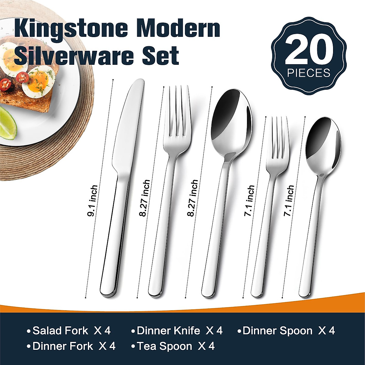 KINGSTONE Forged 20-Piece Silverware Set, 18/10 Stainless Steel Flatware Utensils Set for 4, Mirror Finish,Dishwasher Safe (Silver)