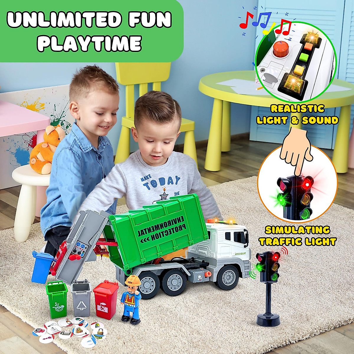 PlenPLAY Garbage Truck Toys 11 in 1 Playset - Realistic Trash Truck with 4 Trash Cans, Lifter Dumping Function, 1 Traffic Light, 4 Set Trash Cards, 1 People Figures - Toys for Boys 3+ Years Old