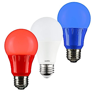 Sunlite 41528-SU LED A19 Patriotic Colored Light Bulb, E26 Medium Base, Non-Dimmable, Eco Friendly, UL Listed, Red White & Blue 3 Pack