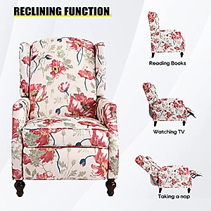 Consofa Upholstered Wingback Recliner Chair, Traditional Push Back Recliner with Padded Seat, Wingback Fabric Recliner Chair, Mid Century Modern Recliner Chair for Living Room (2,Red Floral)