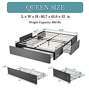 HOOMIC Upholstered Queen Platform Bed Frame with 3 Storage Drawers, No Fixed Headboard Design, Mattress Foundation with Wooden Slats, No Box Spring Needed, Noise Free, Dark Grey