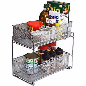 YBM Home Silver 2 Tier Mesh Sliding Spice and Sauces Basket Cabinet Organizer Drawer 2304