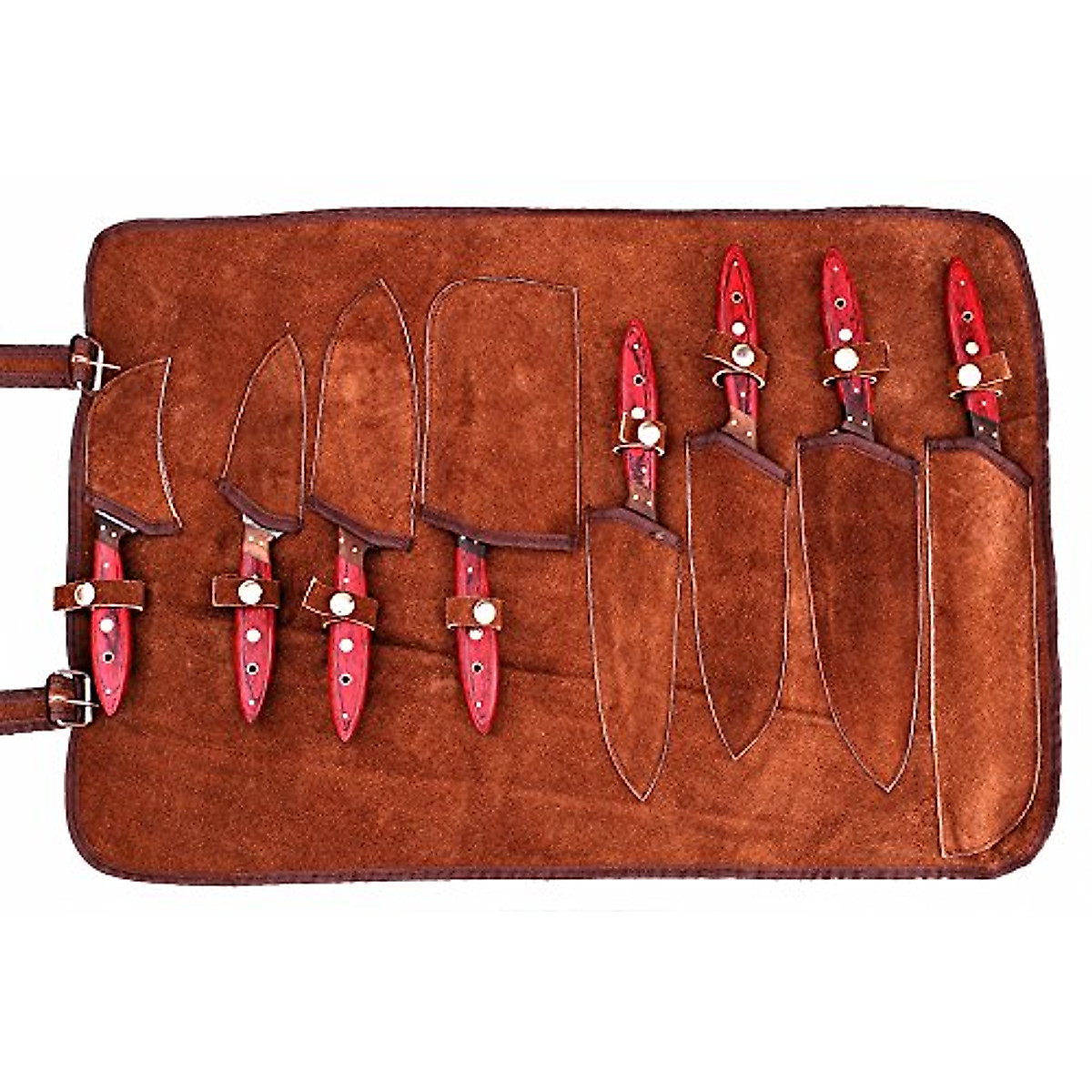 W Trading-Custom Hand made damascus steel blade Professional kitchen knives 8 PCS chef kitchen knife set with leather pouch for storage. WT-1046-8