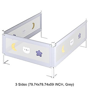 omzer Bed Rail for Toddlers - Baby Bed Guard Rail with Double Child Lock, Safety Bedrail for Children Kids with Pattern, Infants Height Adjustment Guardrail for Queen Size Bed - 3 Pack, 78.7x78.7x59”