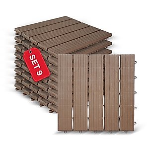 CLOVERHOLM Pack of 9 Composite Deck Tiles, Interlocking Patio Tiles, Decking Tiles Outdoor Waterproof All Weather, Outdoor Shower, Balcony Floor, Porch Flooring, Poolside Walkway (12 Inch, Brown)