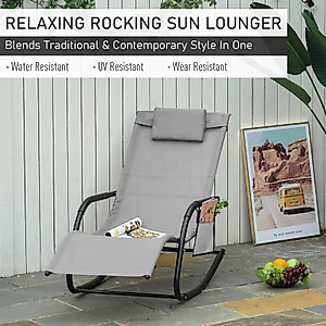 Outsunny Outdoor Rocking Chair, Chaise Lounge Pool Chair for Sun Tanning, Sunbathing, a Rocker with Side Pocket, Armrests & Pillow for Patio, Lawn, Beach, Gray