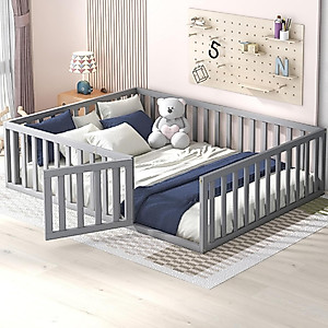 Harper & Bright Designs Full Size Floor Bed with Rails,Montessori Floor Bed Wood Frame with Fence and Door, for Kids Girls Boys-Gray