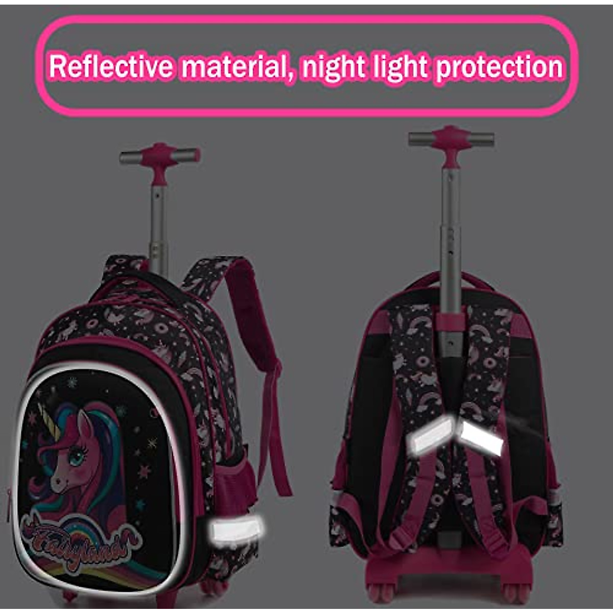 Girls Boys Kids Rolling Backpack with Wheels Trolley School Bag Waterproof Travel Luggage for Kids Girls and Students lunch bag Lightweight and Multi functional(Black Unicorn 16inch)