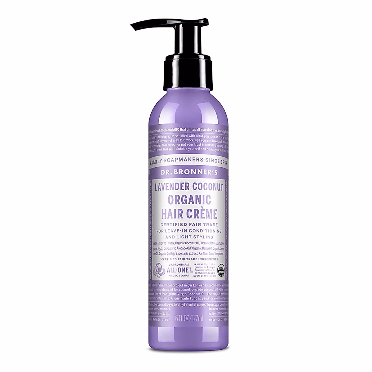 Dr. Bronner's - Organic Hair Crème (Lavender Coconut, 6 Ounce) - Leave-In Conditioner and Styling Cream, Made with Organic Oils, Hair Cream Supports Shine and Strength, Nourishes Scalp, Non-GMO