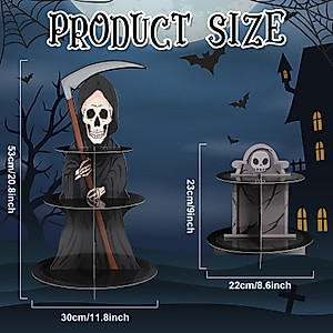 Halloween Cupcake Stand for 24 Cupcakes, Death and Tombstone Halloween Cupcake Decorations, Cardboard Cupcake 3 Tier and 2 Tier Set, Halloween Party Supplies. (Death)