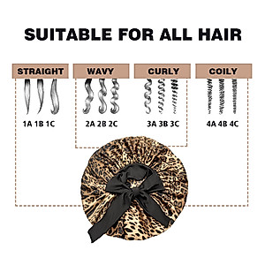 Women Satin Bonnet, Large Satin Bonnets for Braids Jumbo Size Silk Bonnet For Sleeping, Black Women Hair Bonnet with Stretchy Tie Band Sleep Bonnet Cap for Long Curly Hair Braid (Black & Leopard)