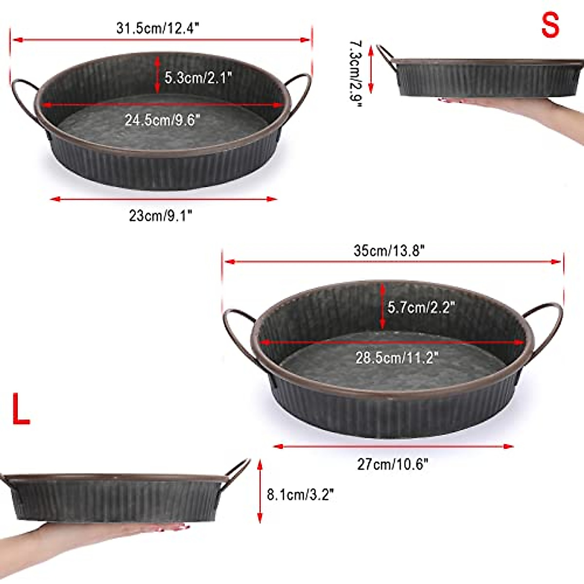 Hipiwe Galvanized Metal Iron Tray with Handles Farmhouse Rustic Decorative Tray Industrial Style Serving Tray Round Galvanized Tray for Coffee Table, Home Decor (Set of 2)