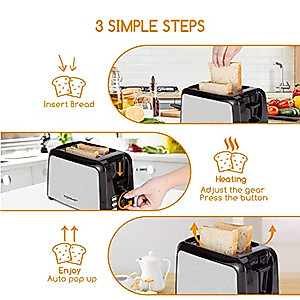 Toaster 2 Slice Wide Slots Best Rated Prime Toasters, Compact Stainless Steel Bread Toaster with Reheat/Defrost/Cancel Functions, 7-Shade Control & Removable Crumb Tray, Black, UL Certificated