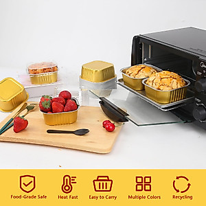 LNYZQUS Large Cupcake Liners Aluminum Pans With Lids 40 Pack, Square 10oz Small Cake Muffin Tin,Disposable Ramekins Baking Pan Containers For Brownie Mini Cake Bread Dessert-Gold