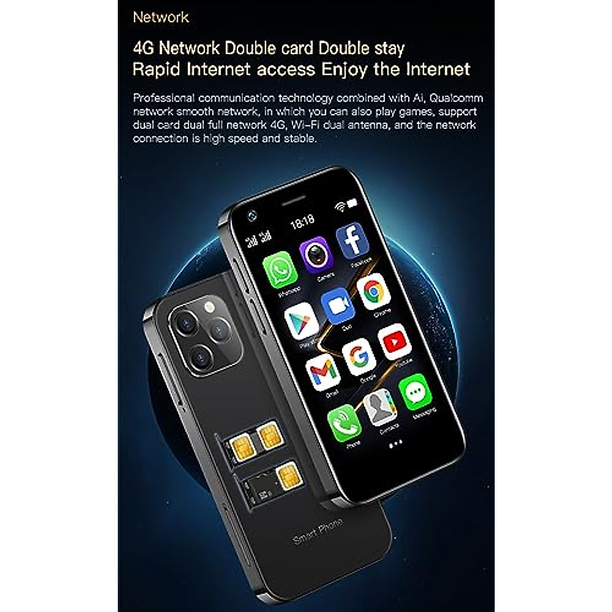 XS12 Pro Super Mini 4G LTE Smartphone 3.0-inch Display 4GB RAM 32GB/64GB ROM 8 Core Android 10.0 Dual SIM 2000mAh 13MP with Google Play Store Backup Small Mobile Phone (Blue, 2GB+16GB)