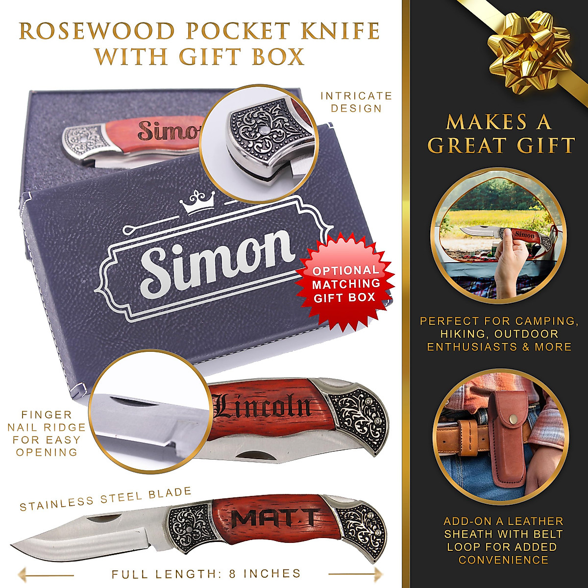 My Personal Memories, Customized Rosewood Handle Pocket Folding Knife with Engraving - Wedding Groomsmen - Personalized Monogrammed and Engraved (Custom Personalized 2 Lines)