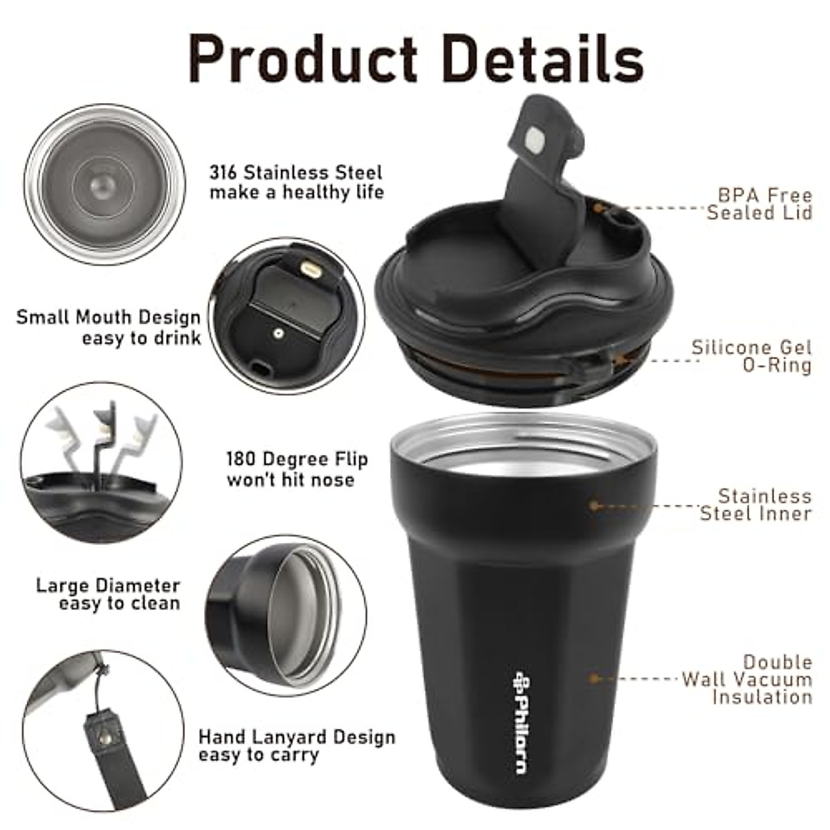 PHILORN Coffee Tumbler Leak Proof -14 oz Insulated Coffee Mug with Lid, Reusable Coffee Cup for Hot and Cold Drinks, Thermal Cup Stainless Steel Coffee Mug with Double Wall